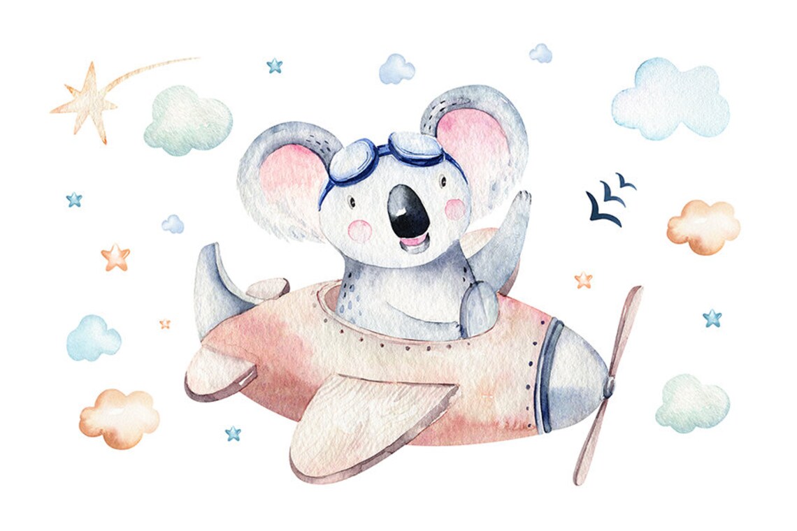 Koala Pilot Flying Airplane Watercolor Canvas Print Boy's - Etsy