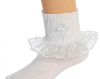 Girls White Lace Dress Socks With Embroidered Cross Embellishment for ...
