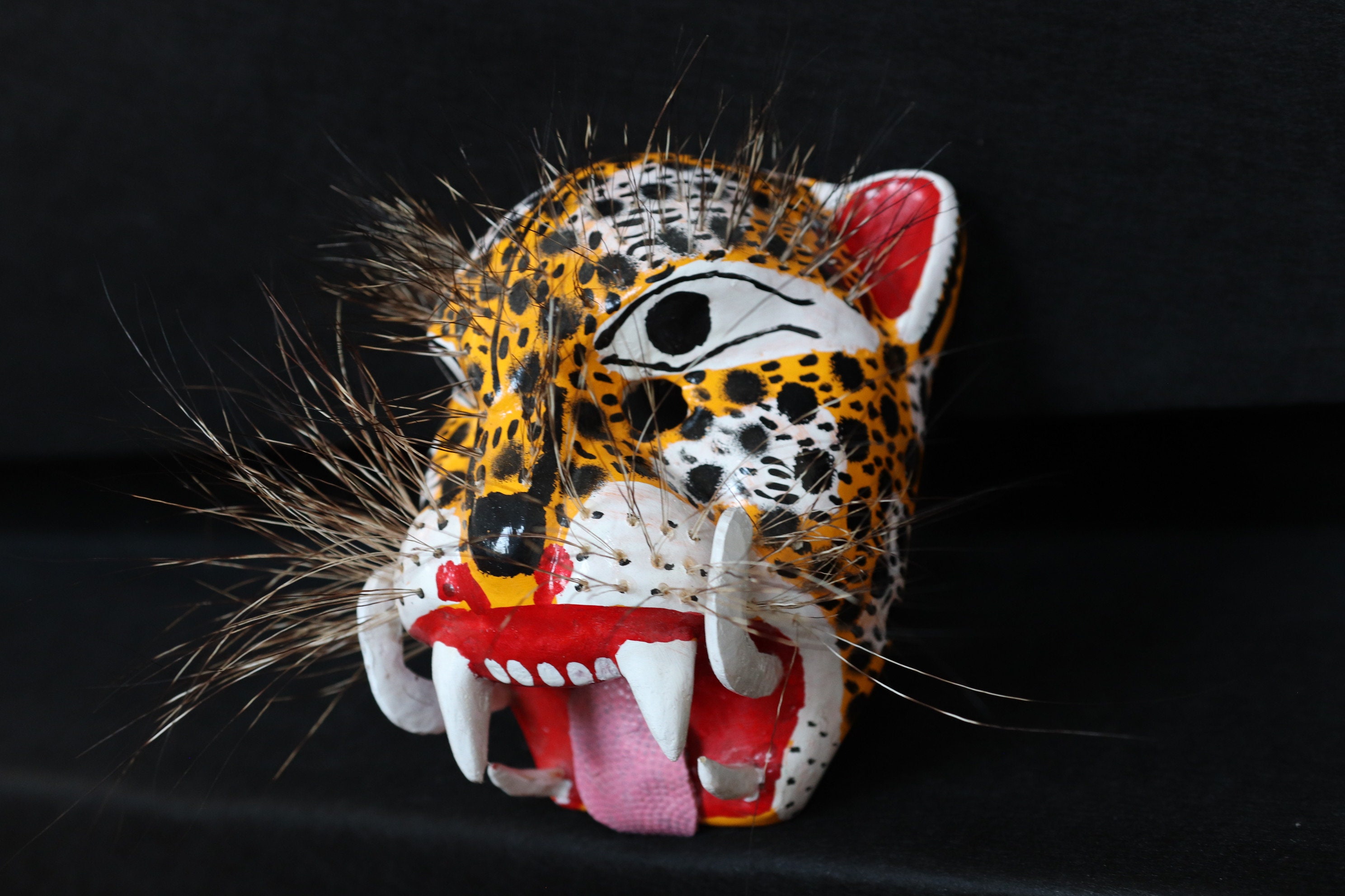 Mexican Wooden Jaguar Helmet Mask With Porcupine Quills Whiskers / Folk ...