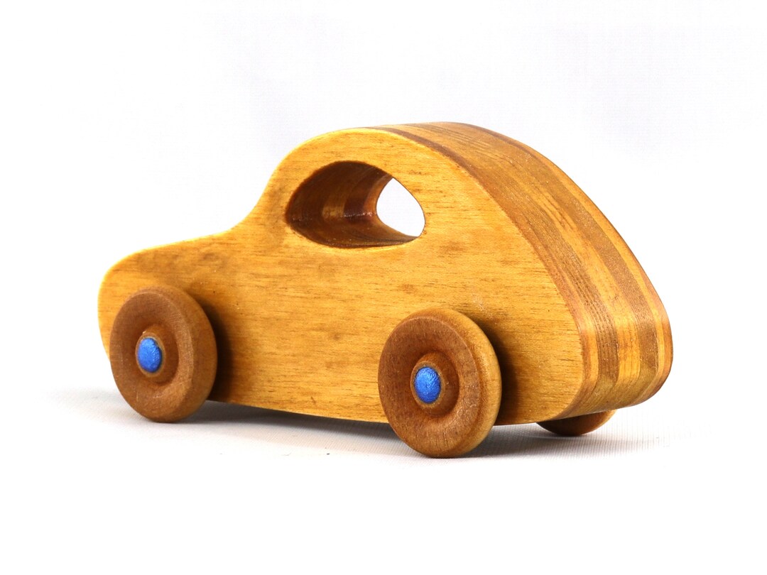 Handmade Wooden Toy Car: Amber Shellac Finish, Sapphire Blue Accents - Etsy