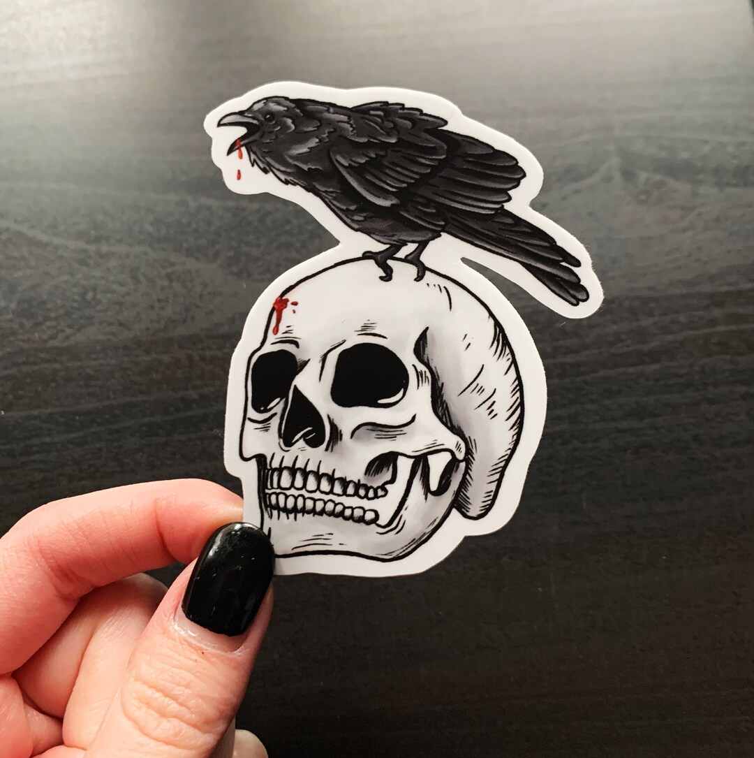 Skull and Raven Crow Vinyl Sticker - Etsy