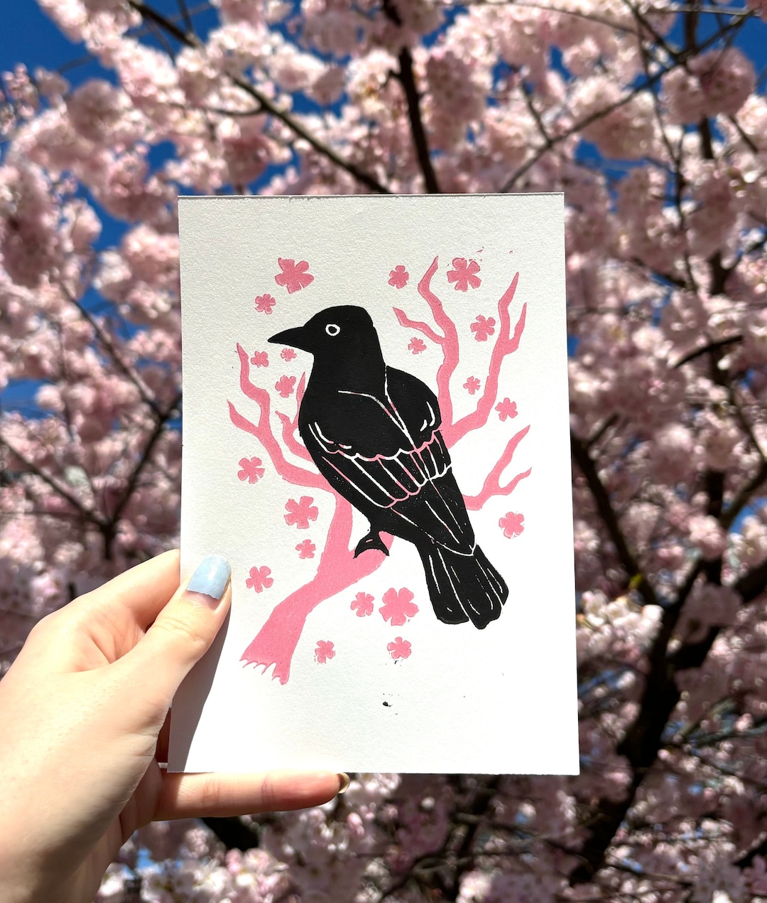 Cherry Blossom Crow Lino Block Print - Etsy Canada