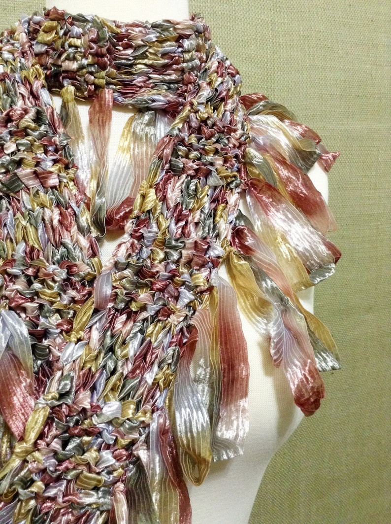 Hand Knit Ribbon Scarf With Loopy Fringe, Pink Sandstone Color, Knitted ...