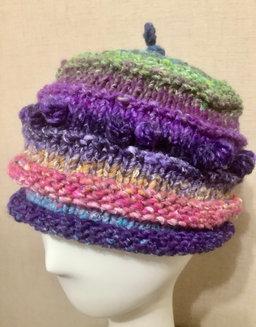 Multi Colored Wool Silk Hat, Hand Knit Winter Hat With Bobbles, Unisex ...