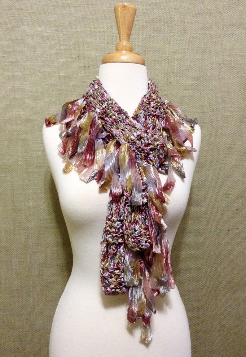 Hand Knit Ribbon Scarf With Loopy Fringe, Pink Sandstone Color, Knitted ...