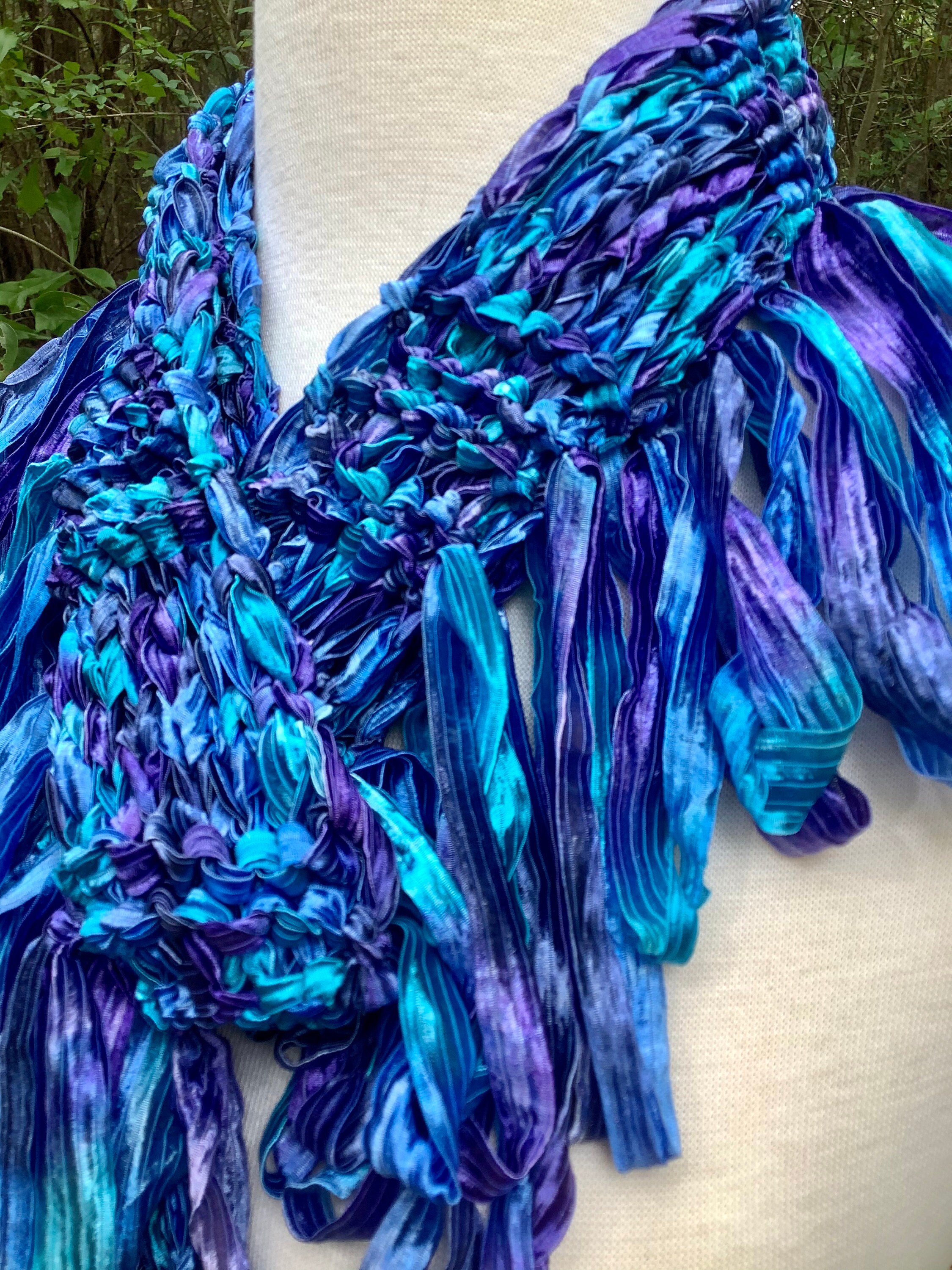 Handknit Ribbon Scarf Loopy Fringe Blue and Purple Knitted - Etsy
