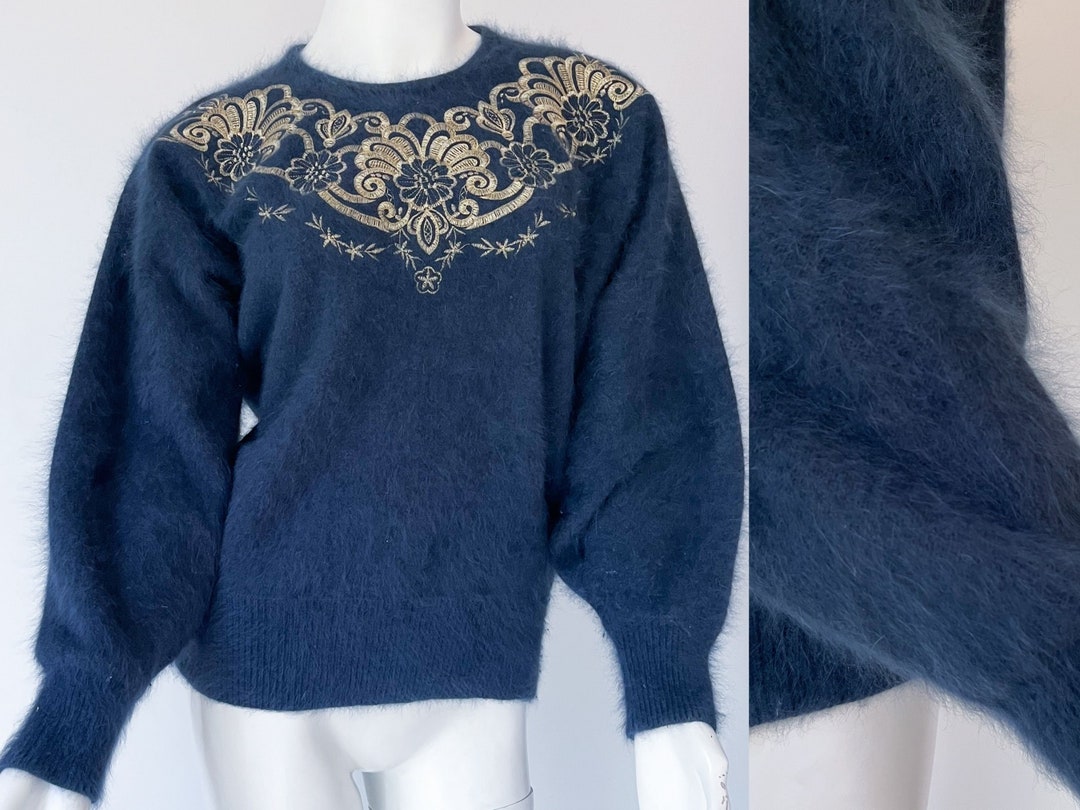 Vintage Fuzzy Blue Angora Sweater With Gold Embroidery - Etsy