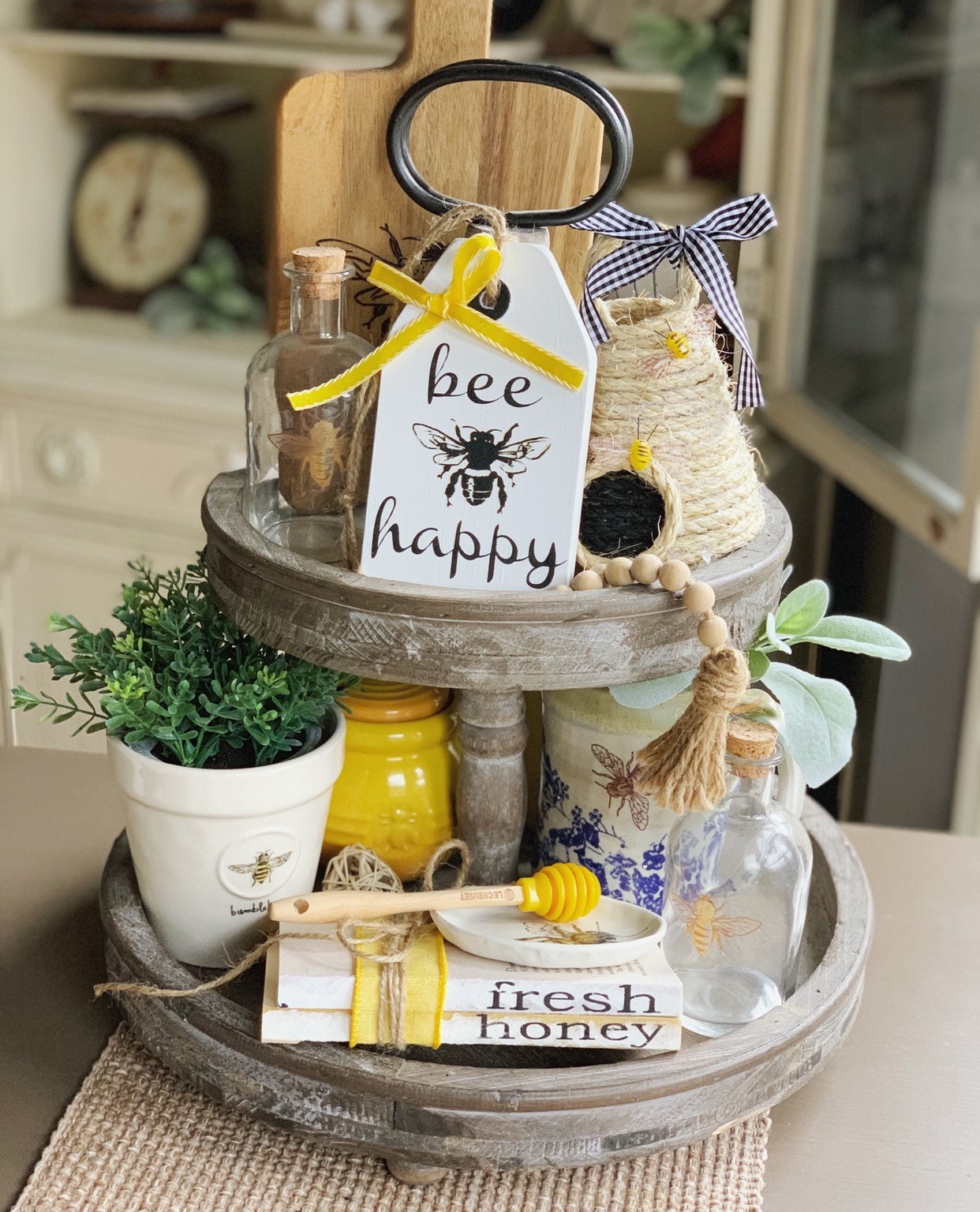 Bee Happy sign / Tiered tray decor / Tiered tray signs / Wood | Etsy