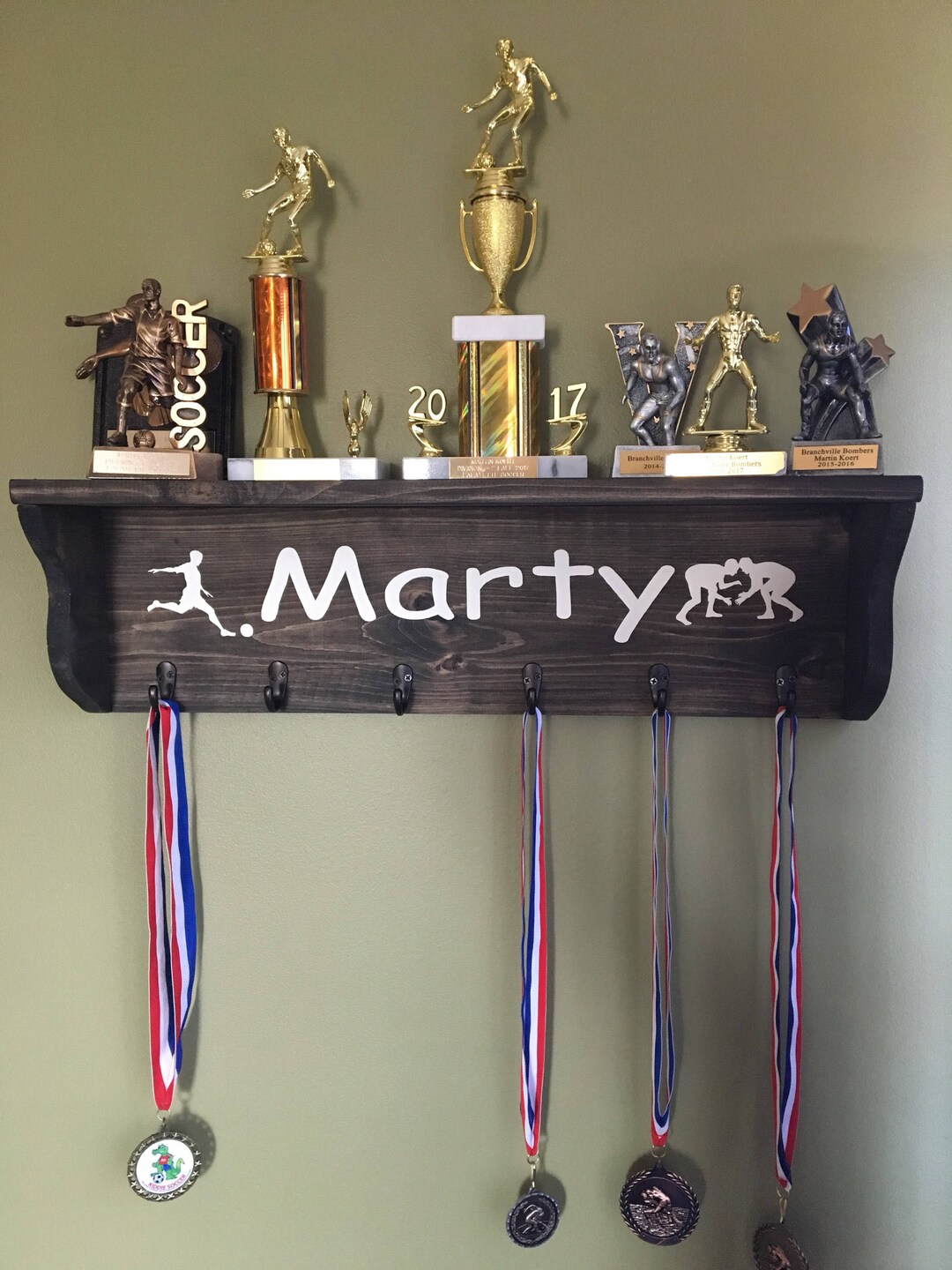 Wall Shelf / Trophy Shelf and Metal Hanger / Kids Room Shelves / Sports ...