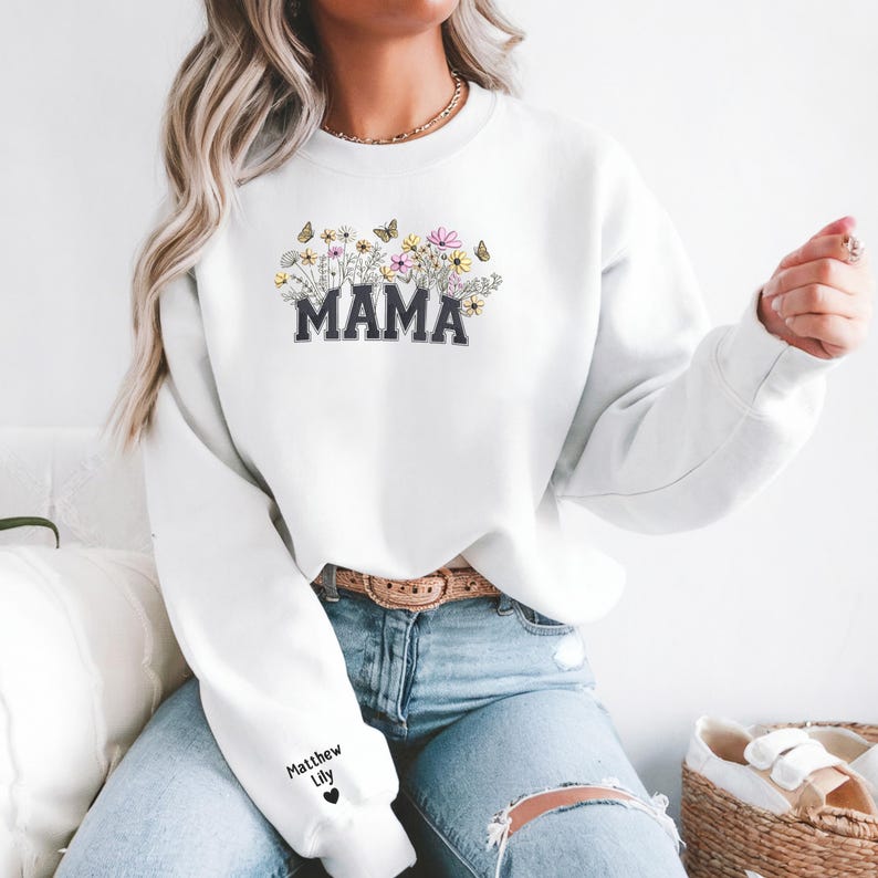 Personalized Mama Floral Embroidered Sweatshirt, Custom Mama Crewneck ...