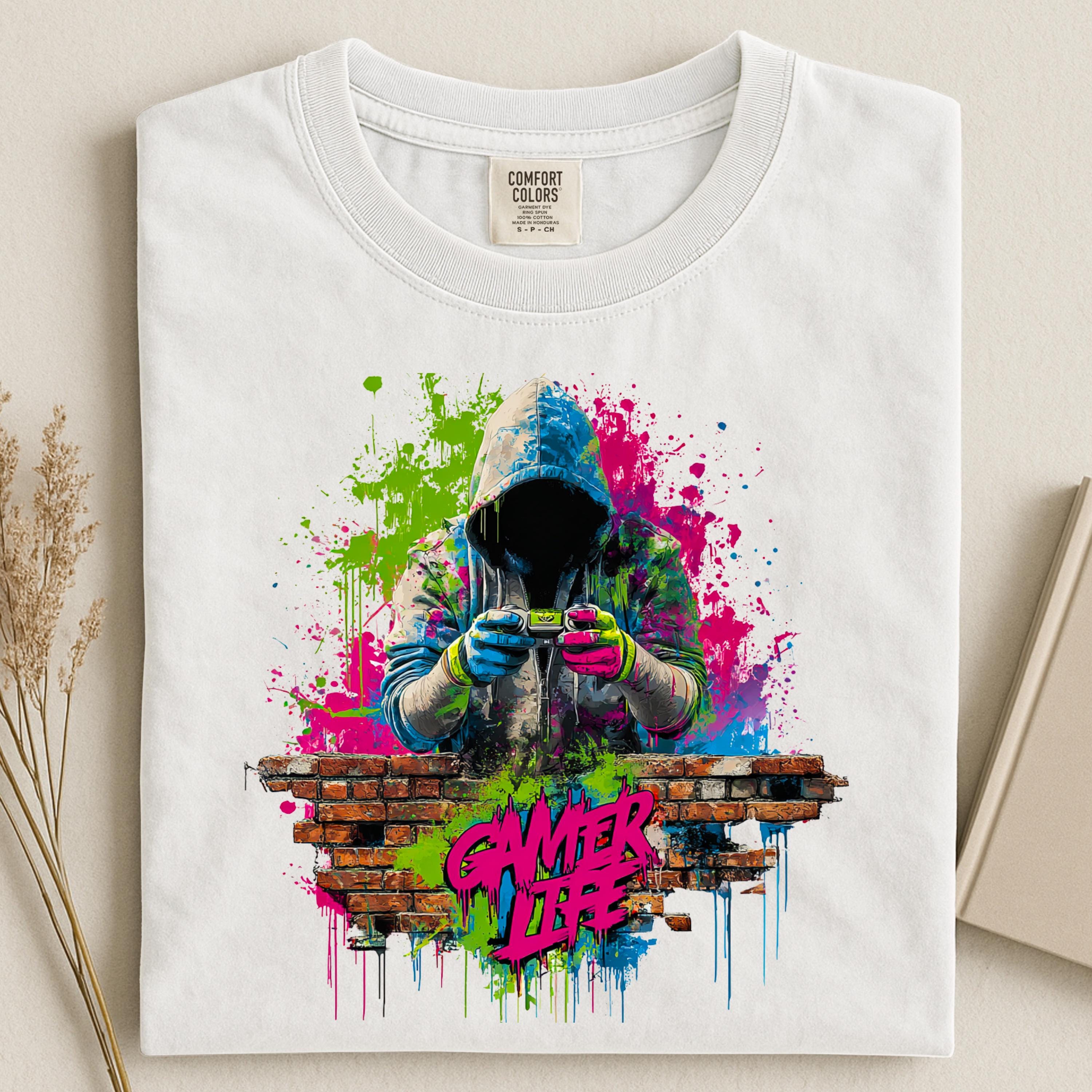 Gamer Life T-shirt PNG, Neon Graffiti Gamer Clipart, Hooded Player ...