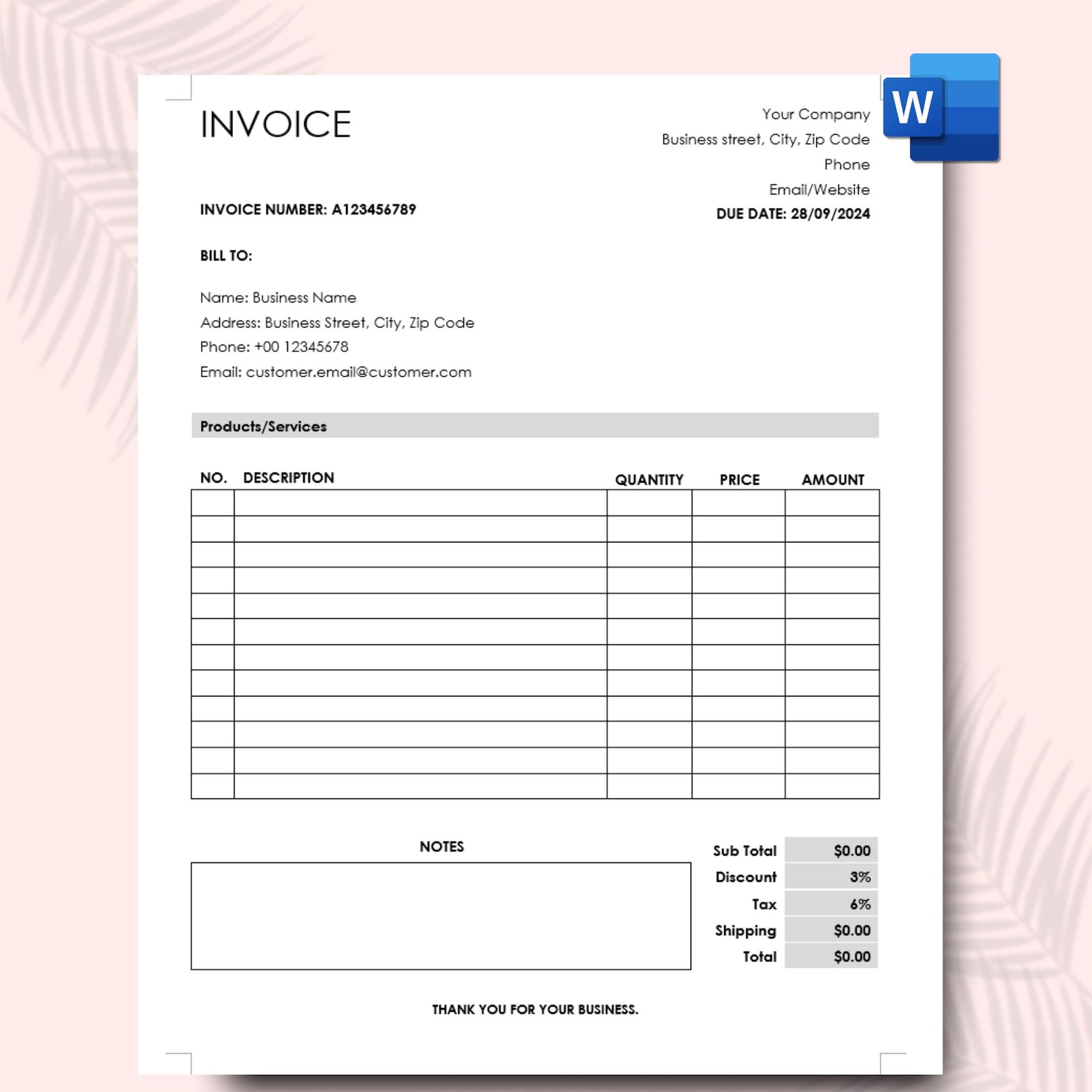 Microsoft Word Invoice Template, Basic Minimalist Invoice Template ...