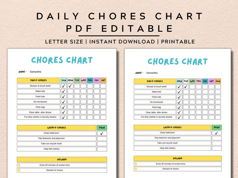 Chore Chart, Chore Chart Printable & PDF Editable, Daily ...