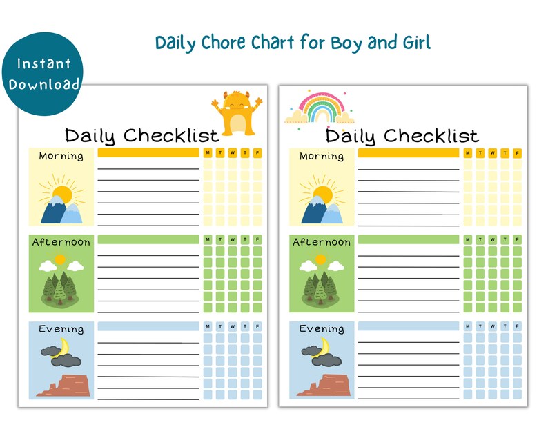 Editable Chore Chart for Kids, School Day Responsibility Chore Chart ...