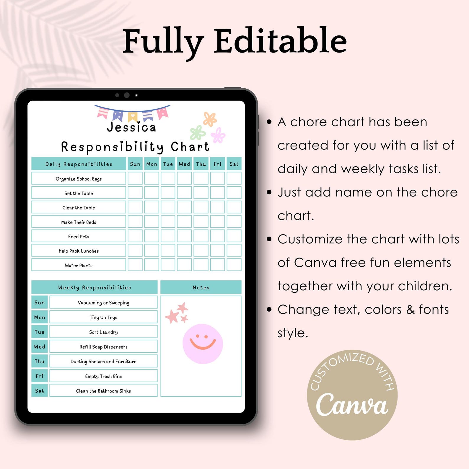 Editable Chore Chart for Kids, Daily Responsibility Chore Chart, Canva ...