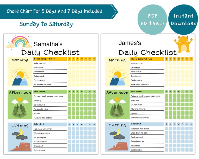 Editable Chore Chart for Kids, School Day Responsibility Chore Chart ...