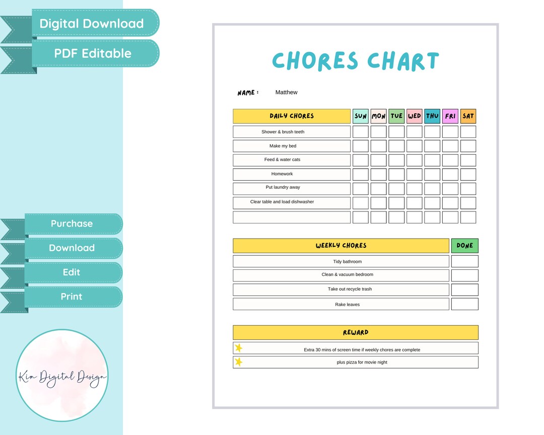 Chore Chart Chore Chart Printable & PDF Editable Daily - Etsy