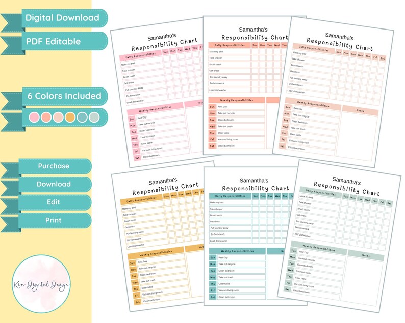Editable Chore Chart for Kids, Daily Responsibility Chore Chart ...