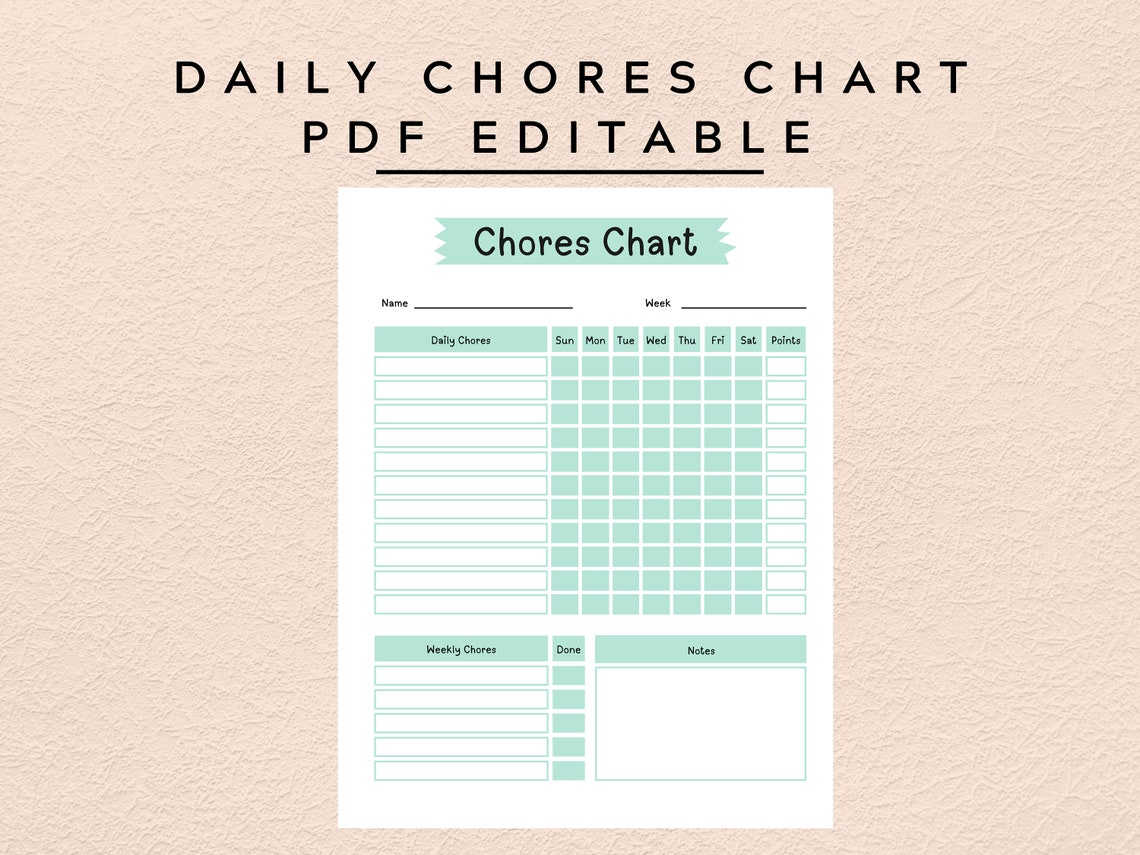 Editable Chore Chart for Kids Daily Chores Responsibility Daily Chore ...