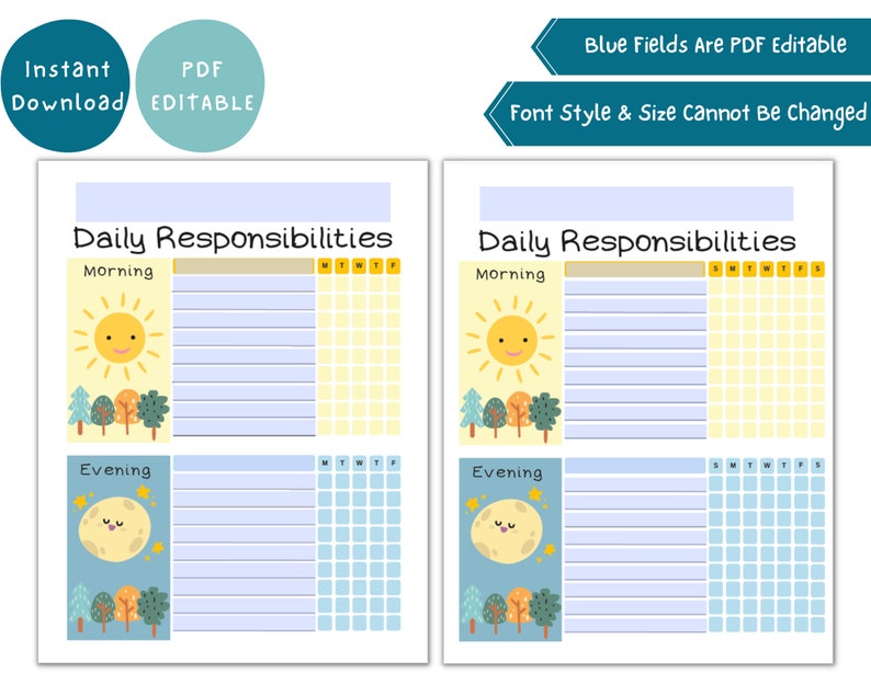 Editable Chore Chart for Kids, Responsibility Chart, Morning and Evening Check List, Printable ...