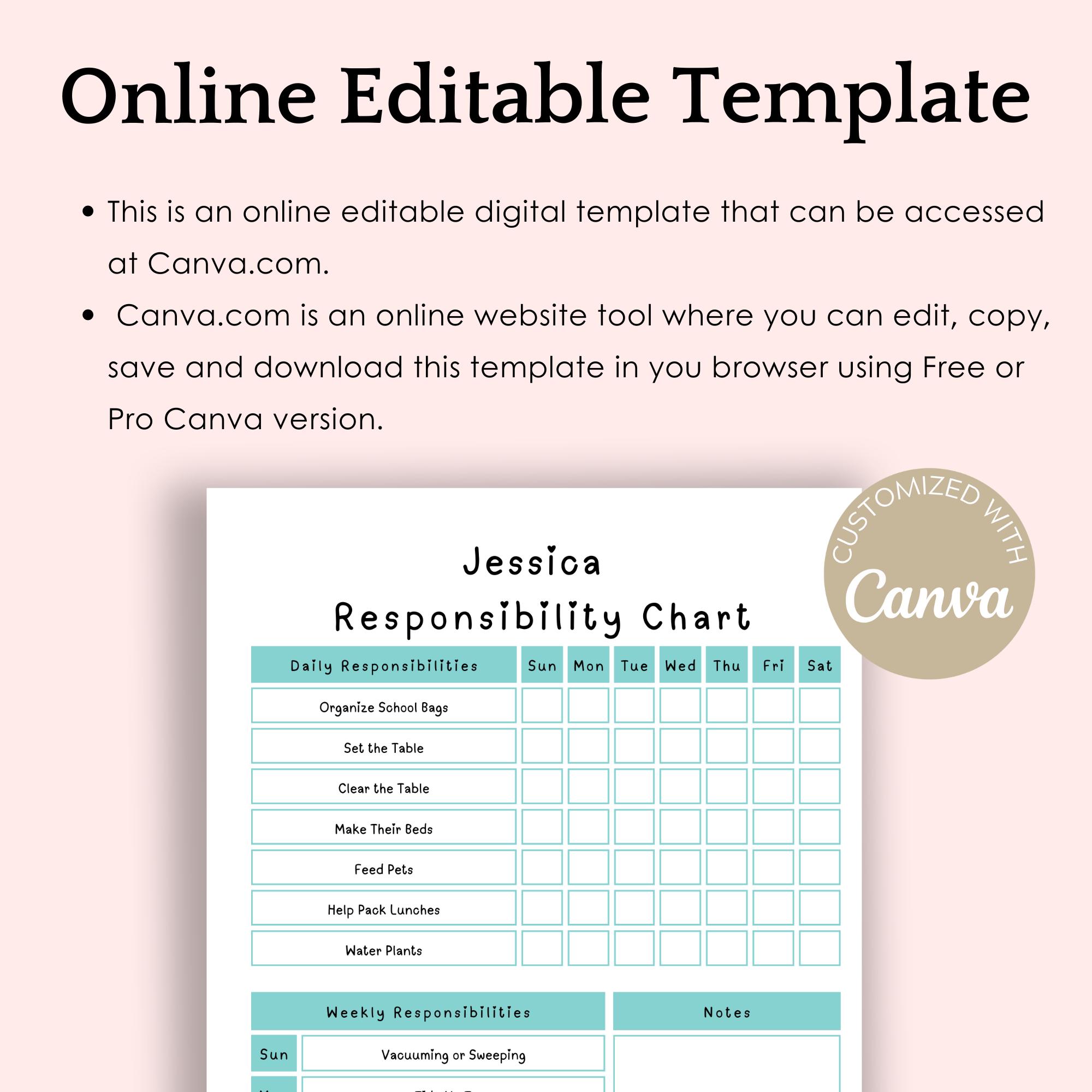 Editable Chore Chart for Kids, Daily Responsibility Chore Chart, Canva ...