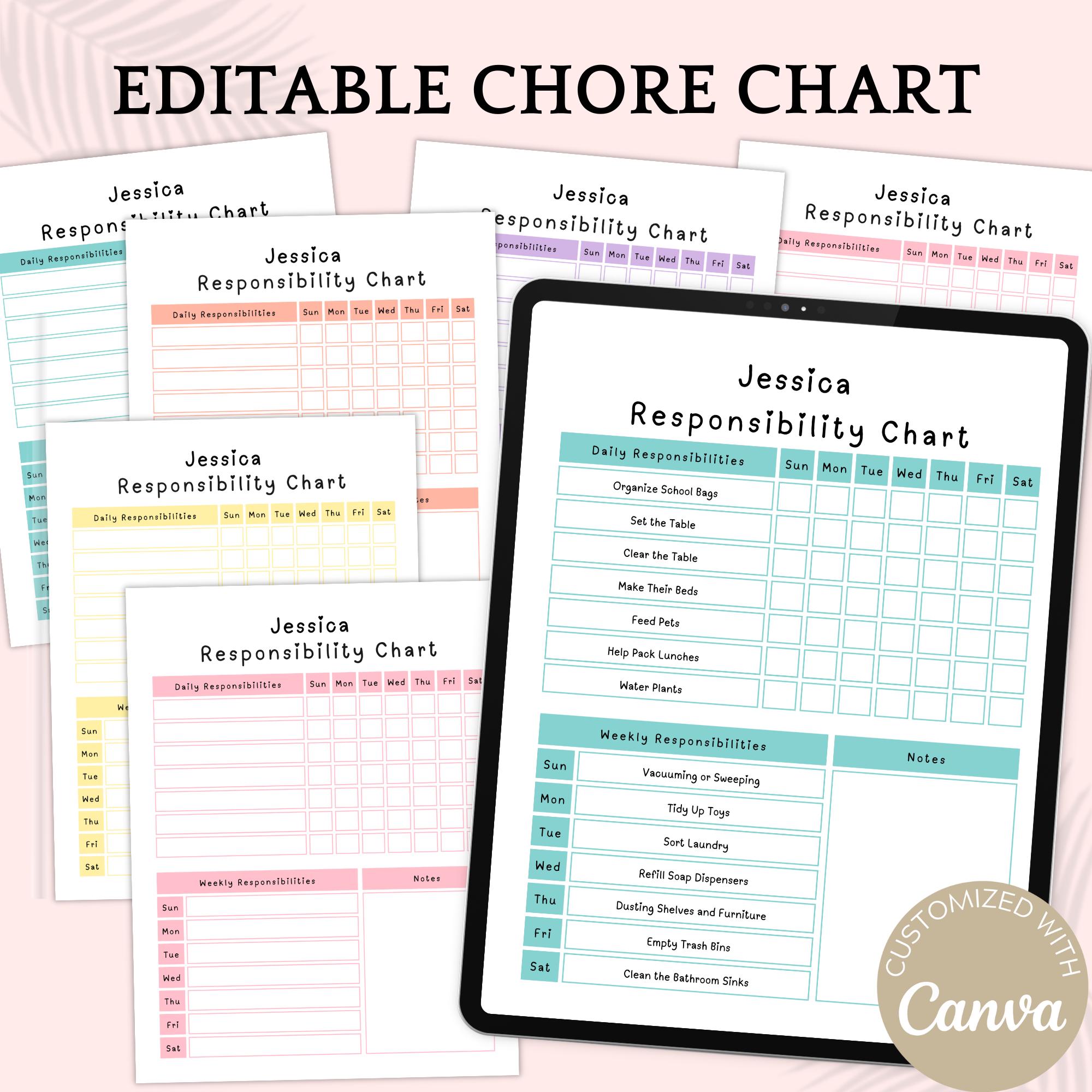 Editable Chore Chart for Kids, Daily Responsibility Chore Chart, Canva ...