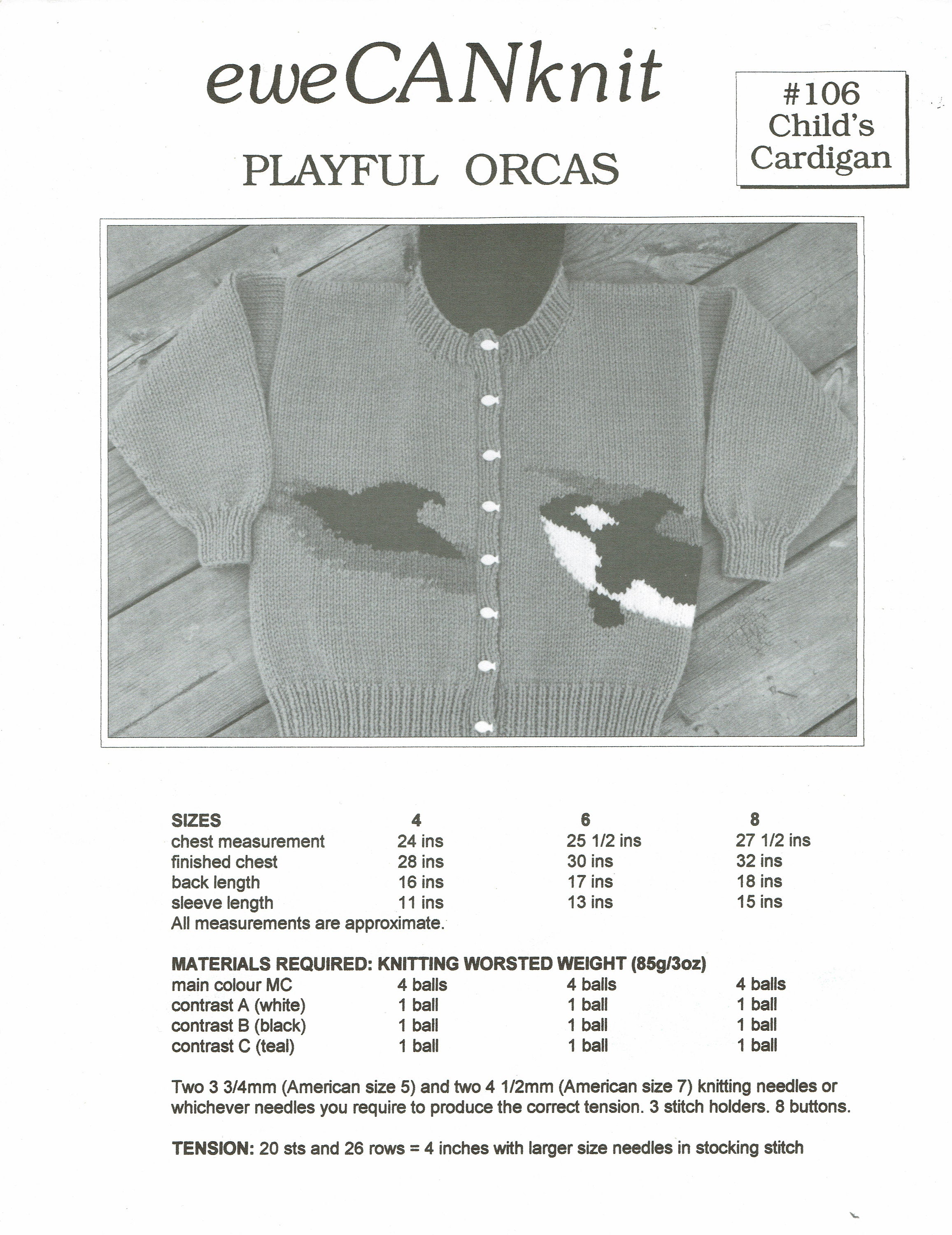 Playful Orcas knitting pattern child's sizes design on front and back