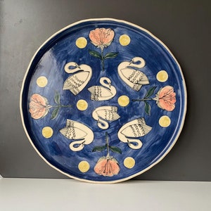 Ceramic Large Mid Century Folk Inspired Plate With Swans and Flower ...