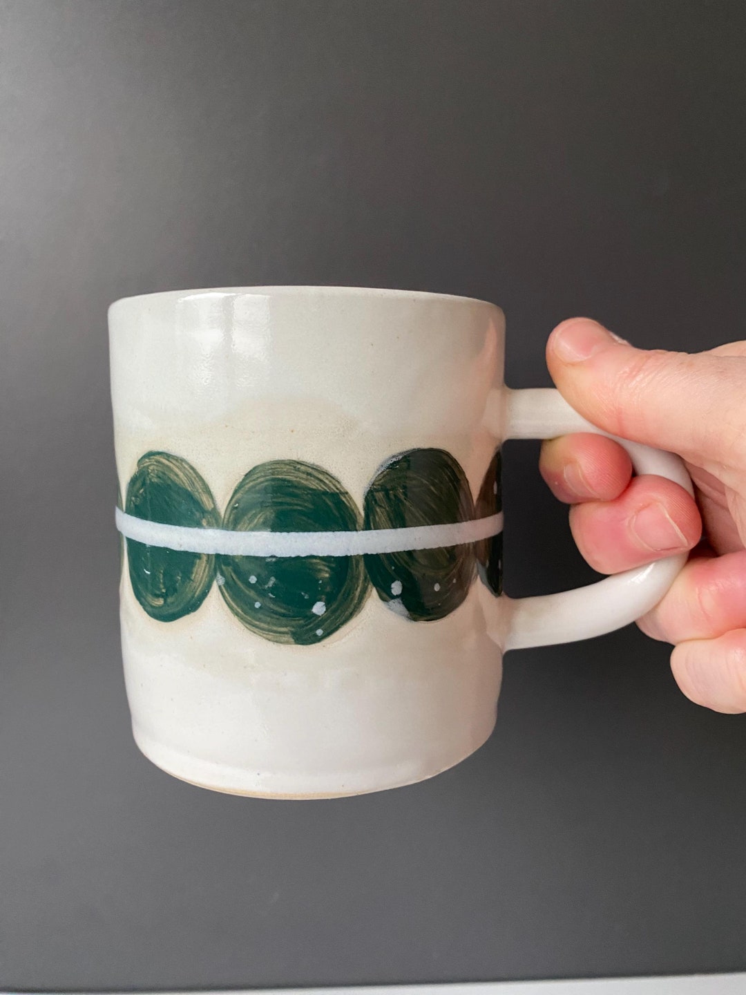 Handmade Mug, in a Neutral Colour With a Dark Teal Scallop Detail ...