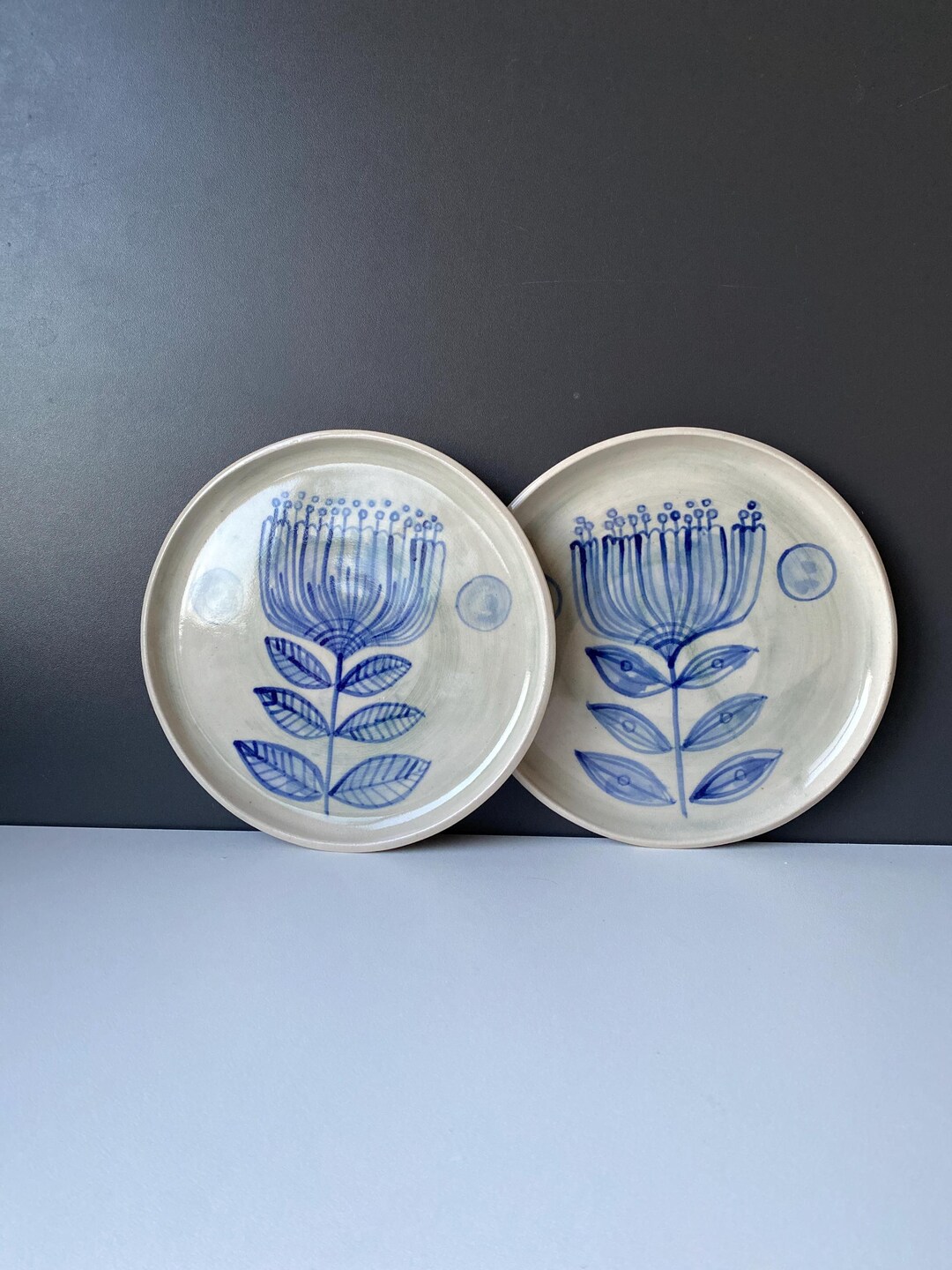 Tulip Inspired, Blue Flowers, Mid Century Folk, Handmade Wheel Thrown ...