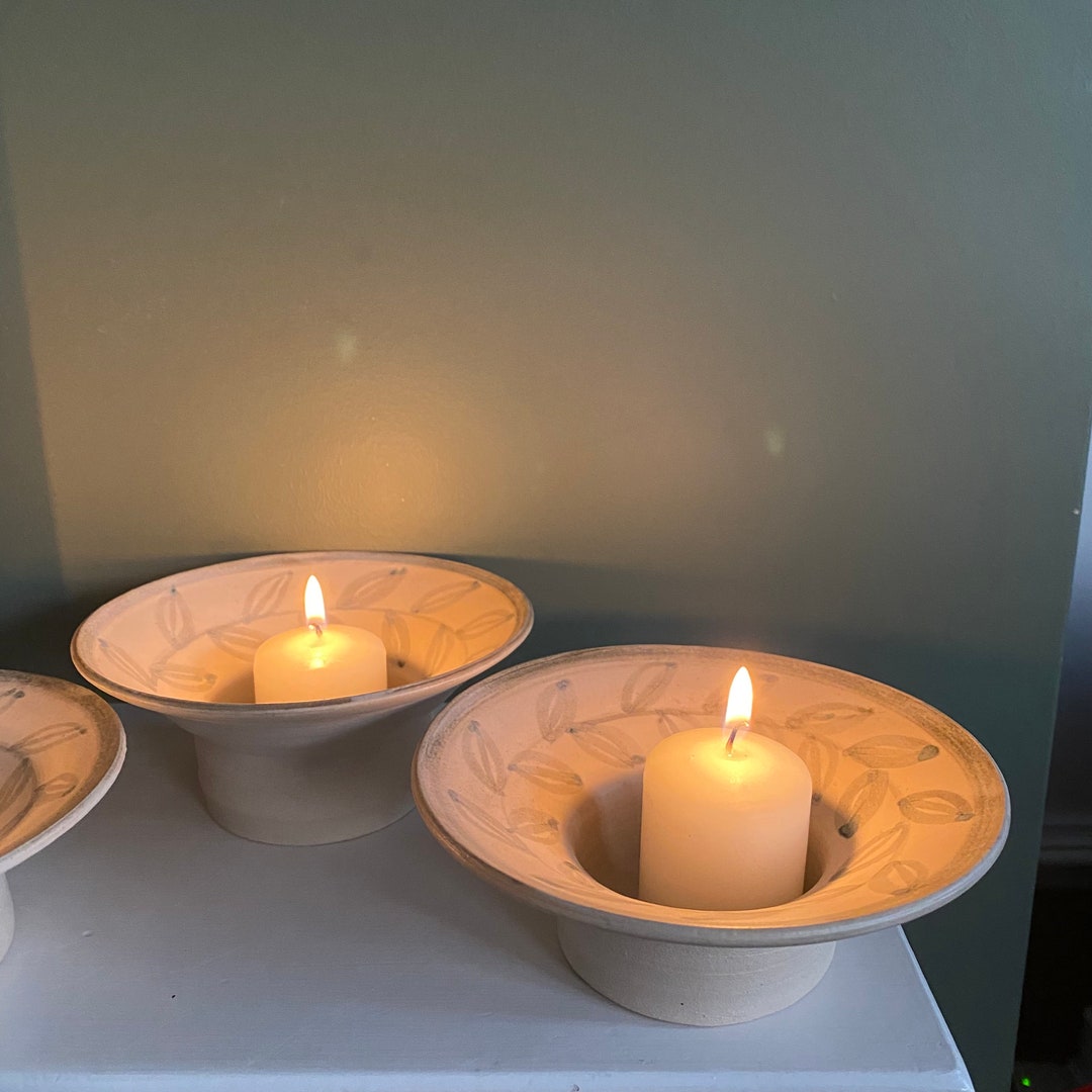 Tea Light Holder Bowls, With Flared Rim and Leaf Pattern, Blue Grey and ...