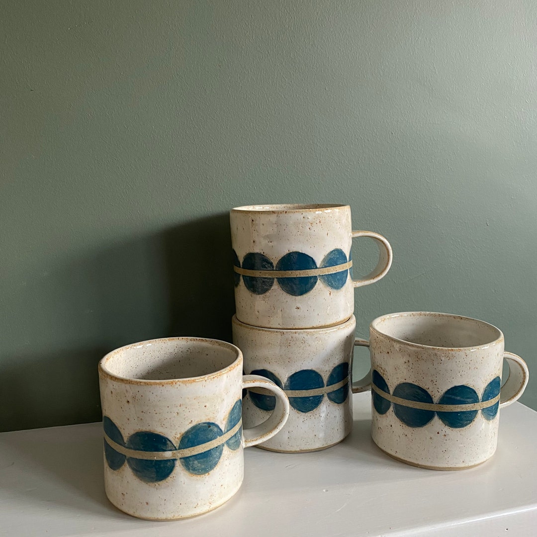 Handmade Mugs, in a Neutral Colour With a Dark Blue Scallop Detail ...