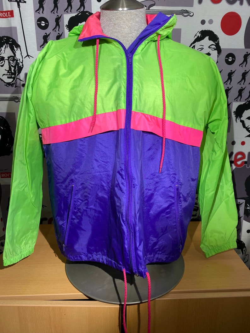 Vintage 80s Retro Neon Green Pink Purple Medium Spring Pullover Jacket ...