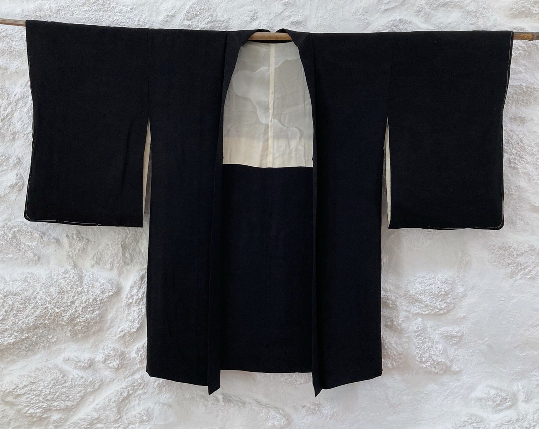 Vintage Black Silk Haori: Short Japanese Kimono, Green Floral ...