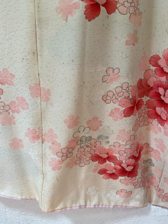 Cream Floral Vintage Furisode, Pink Flowers Silk Kimo… - Gem