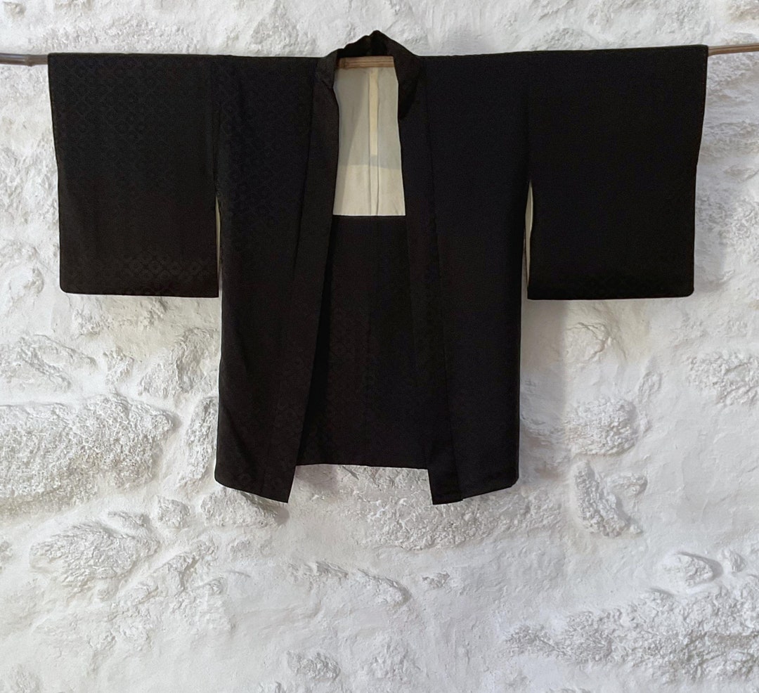 Black Silk Haori, Black Crest Short Kimono, Black Moon Vintage Kimono ...