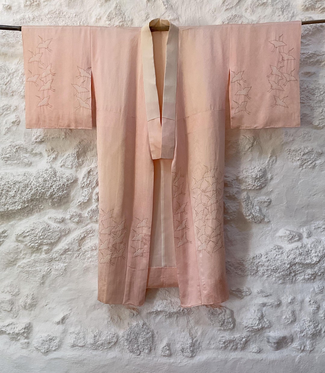 Pink Vintage Naga Juban, Cranes Pattern Juban Kimono, Japanese Handmade ...