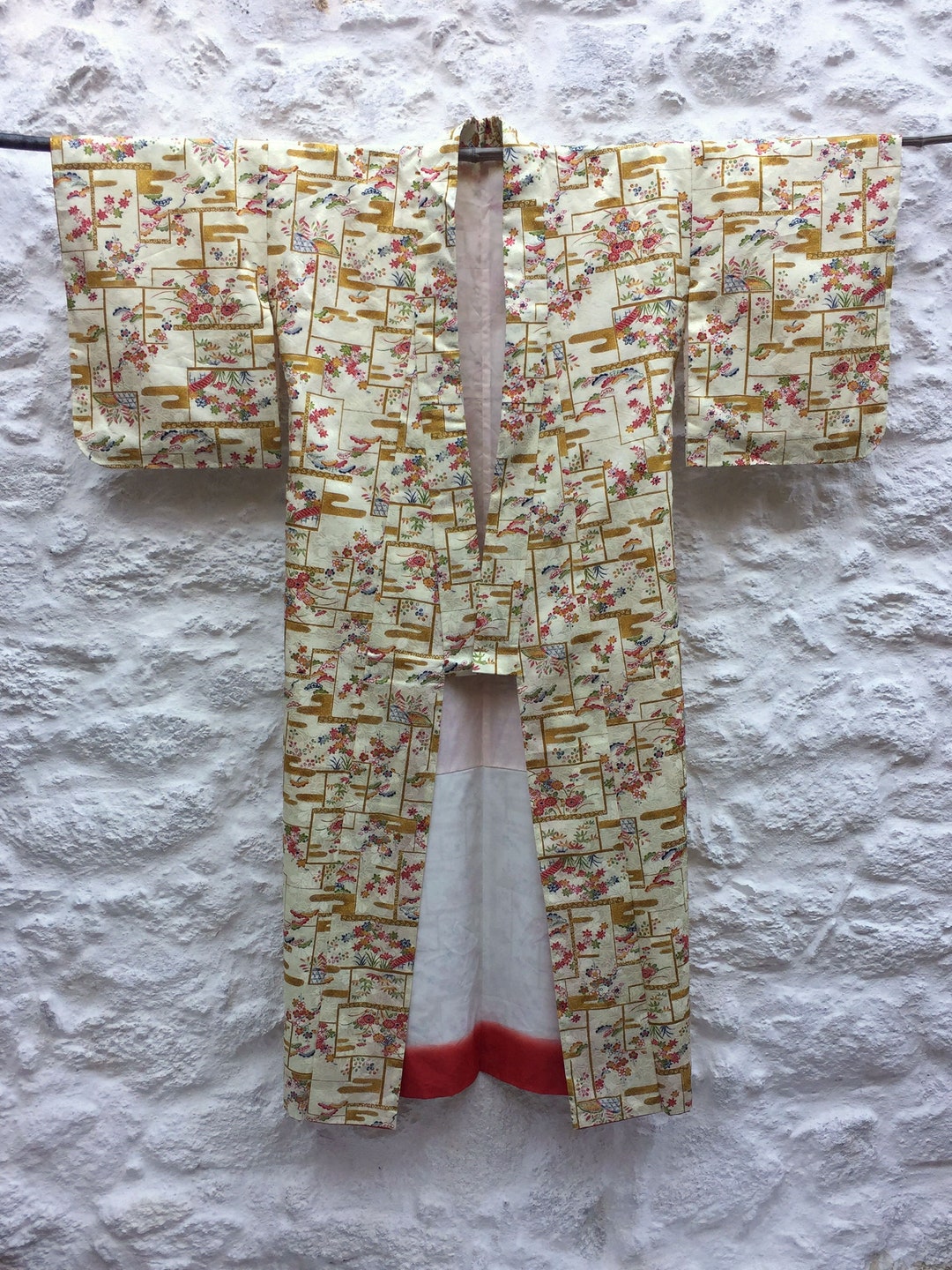 Kimono Komon Floral Vintage, Kimono Jacquard de Seda, Kimono Japonês ...