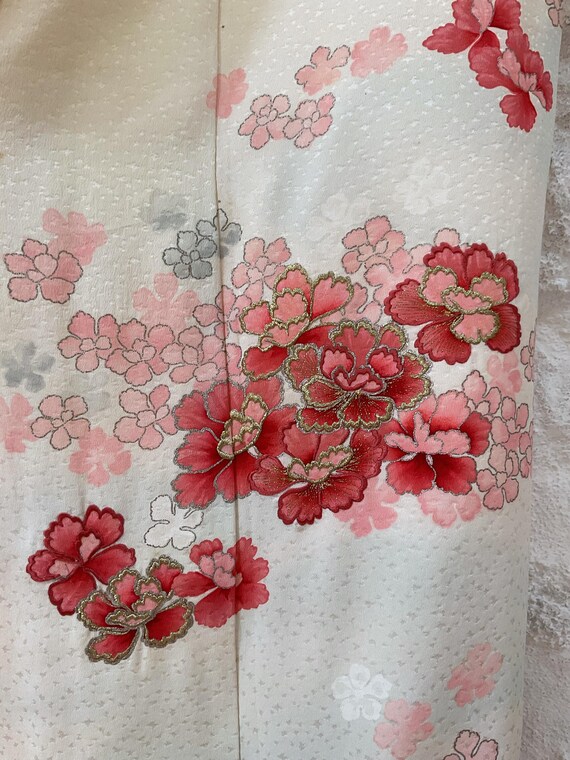 Cream Floral Vintage Furisode, Pink Flowers Silk Kimo… - Gem