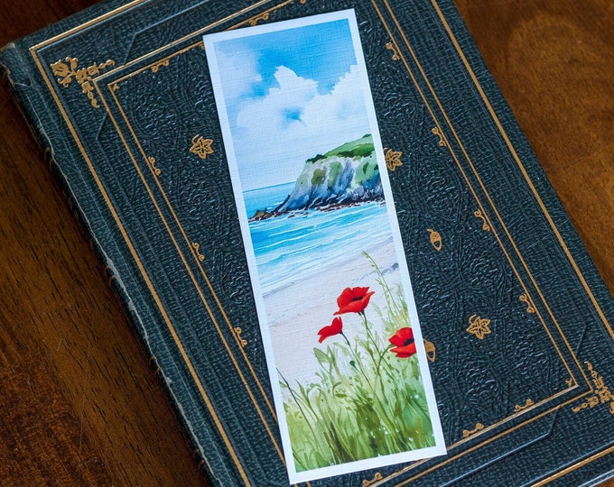 Coastal Wildflower Bookmark, Watercolor Wild Red Poppy, Pretty Ocean ...