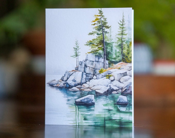 Shores of Lake Tahoe Greeting Card, Outdoorsy Nature Mountain Forest ...