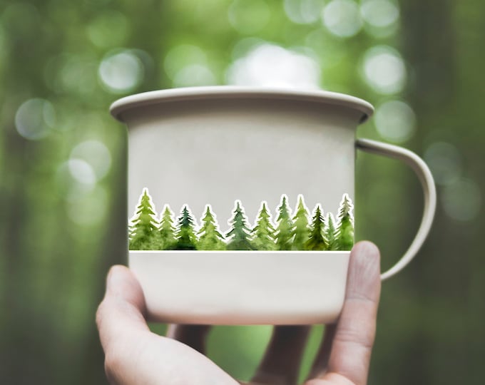 Watercolor Evergreen Forest Tree Line Sticker - Waterproof Nature ...