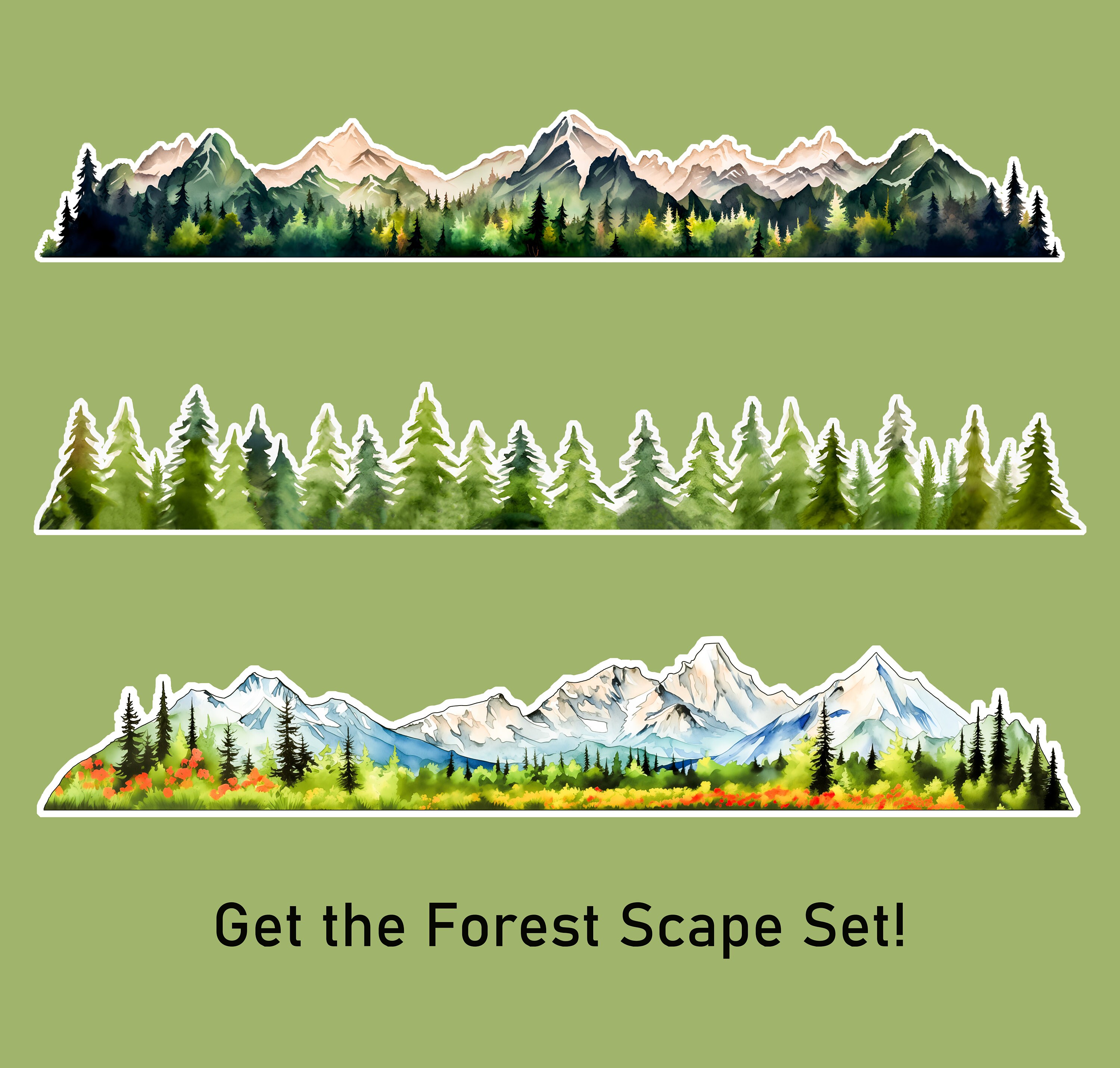 Watercolor Evergreen Forest Tree Line Sticker Waterproof Nature ...