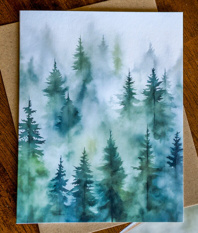 Pine Forest Watercolor Note Card Forest Landscape Scene - Etsy