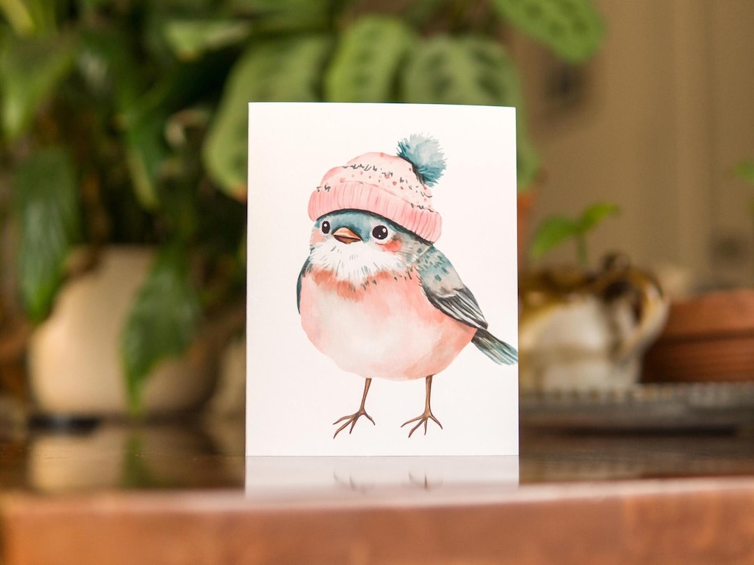Cute Winter Bird Greeting Card, Song Bird Wearing Pink Beanie, Unique ...