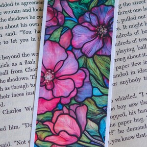 Stained Glass Flower Meadow Bookmark, Pretty Floral Design, Linen Paper ...