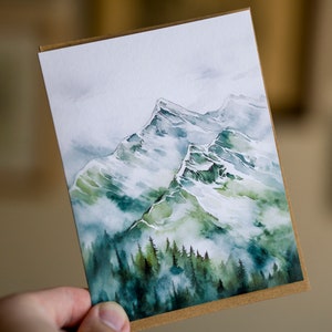 Watercolor Mountain Forest Landscape Greeting Card, Evergreen Woodland ...