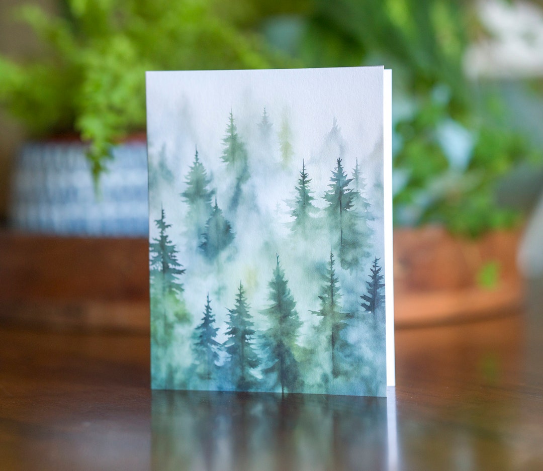 Pine Forest Watercolor Note Card, Forest Landscape Scene Nature Card ...