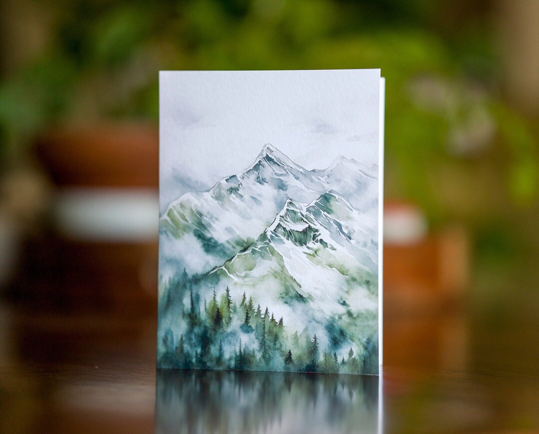 Watercolor Mountain Forest Landscape Greeting Card, Evergreen Woodland ...