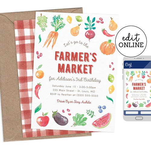Farmer's Market Birthday Invitation / Locally Grown Party | Etsy